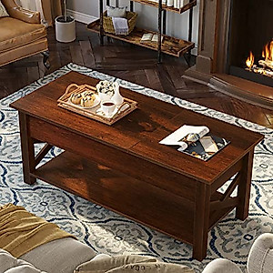 Rolanstar Coffee Table 47.2", 2 Way Lift Top Coffee Table with Hidden Compartment, Lift Top Coffee Table with Open Shelf & X Wooden Support, Farmhouse Center Table for Living Room, Espresso