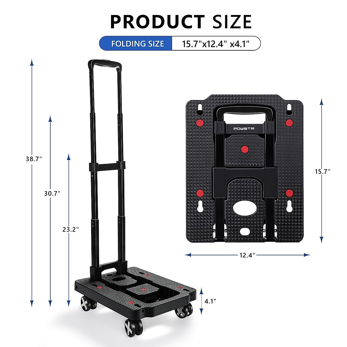 POWSTR Folding Hand Truck Dolly with 4 Rotate Wheels,120 LBS Luggage cart with 2 Elastic Ropes and Adjustable Handle, Portable Platform Truck for Moving,Travel, Shopping, House Office Use, Black