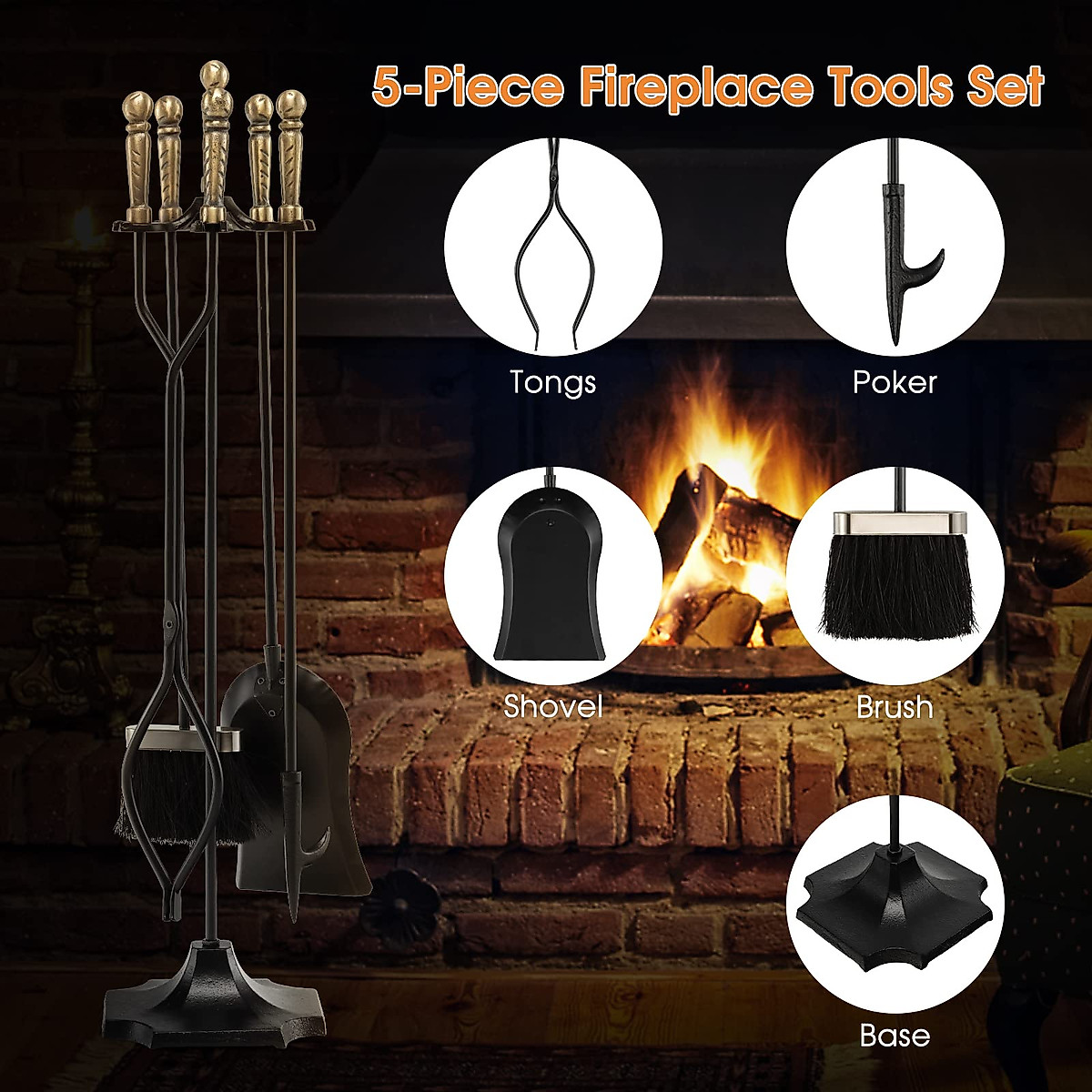 Tangkula 5 Pieces Fireplace Tools Wrought Iron Toolset 4 Tools & Decor Holder Indoor Outdoor Tong,Poker, Base, Shovel,Brush Fireplaces Hearth Accessories