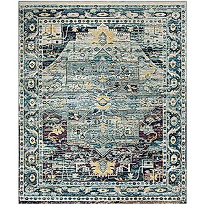 SAFAVIEH Crystal Collection 8' x 10' Teal / Purple CRS503D Boho Chic Oriental Medallion Distressed Non-Shedding Living Room Bedroom Dining Home Office Area Rug
