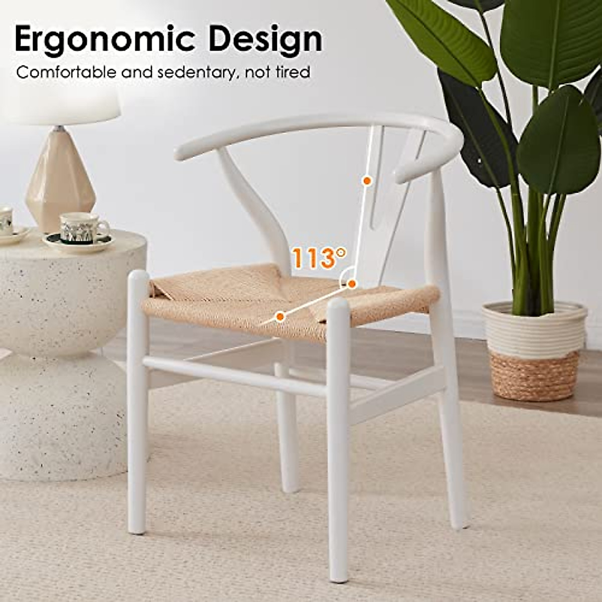 Farini Dining Room Chairs Wishbone Rattan Chair Solid Wood Armchairs Y Shaped Backrest Hemp Seat for Home Restaurant Fully-Assembled(Set of 2,White-Beige Seat)