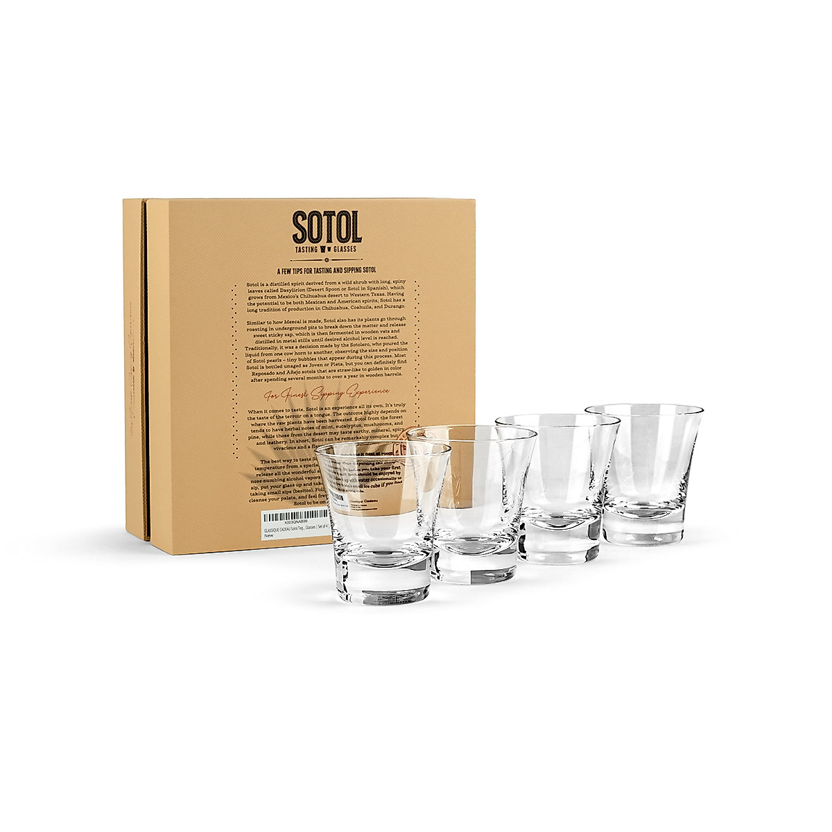 Sotol and Tequila Sipping Glasses | Tequila Glassware Collection | Set of 4 | 6 oz Professional Sippers for Drinking Joven, Reposado, Anejo Sotols | Stemless Heavy Based Liquor Snifters