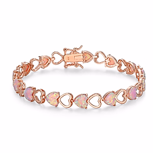 MORGAN & PAIGE 14K Rose Gold Plated .925 Sterling Silver Created Pink Opal Heart Tennis Prong Setting Bracelet, 7-1/4"