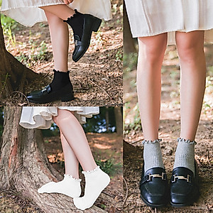 UTTPLL Womens-Ruffle-Turn-Cuff-Casual-Lettuce Socks Lovely Double Needle Ankle Boot Socks Athletic Soft Cotton Warm Cute Crew Frilly Sock Black,White,Grey,Pink