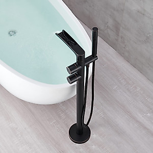 Qinkell Thermostatic Freestanding Tub Filler Floor Mount Waterfall Bathtub Faucet Oil-Rubbed Bronze Bathroom Taps with Handheld Shower