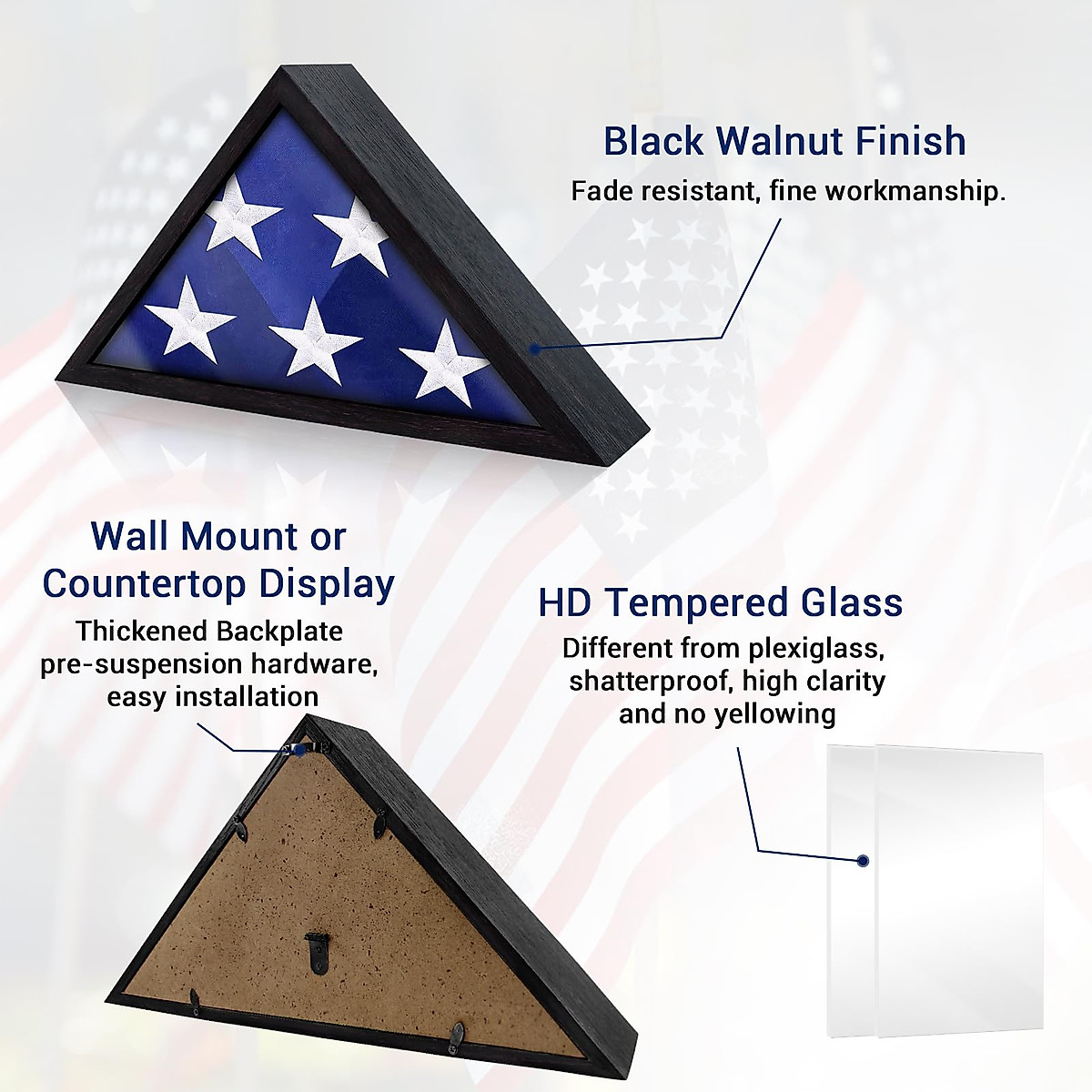 ASmileIndeep Flag Display Case for 3' x 5' Flag, American Flag Shadow Box with HD Tempered Glass and Wall Mount, Folded Triangle Flag Holder Frame for Small Flag (Not for Burial Flag) - Black Walnut
