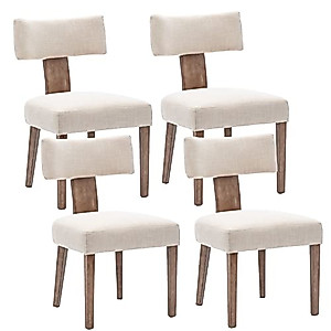 HNY Mid Century Modern Dining Chairs Set of 4, Farmhouse Linen Fabric Upholstered Accent Chair Curved Backrest Kitchen Chairs, with Hardwood Frame, Beige
