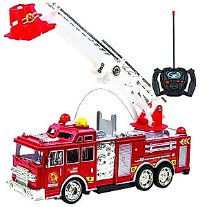 Toysery Remote Control Fire Truck Toy, Realistic Rc Trucks Toddler Toys, Siren Head Toy with Vivid Lights, Bump and Go Red Fire Trucks for Kids, Big Fire Truck with Extending Fire Ladder