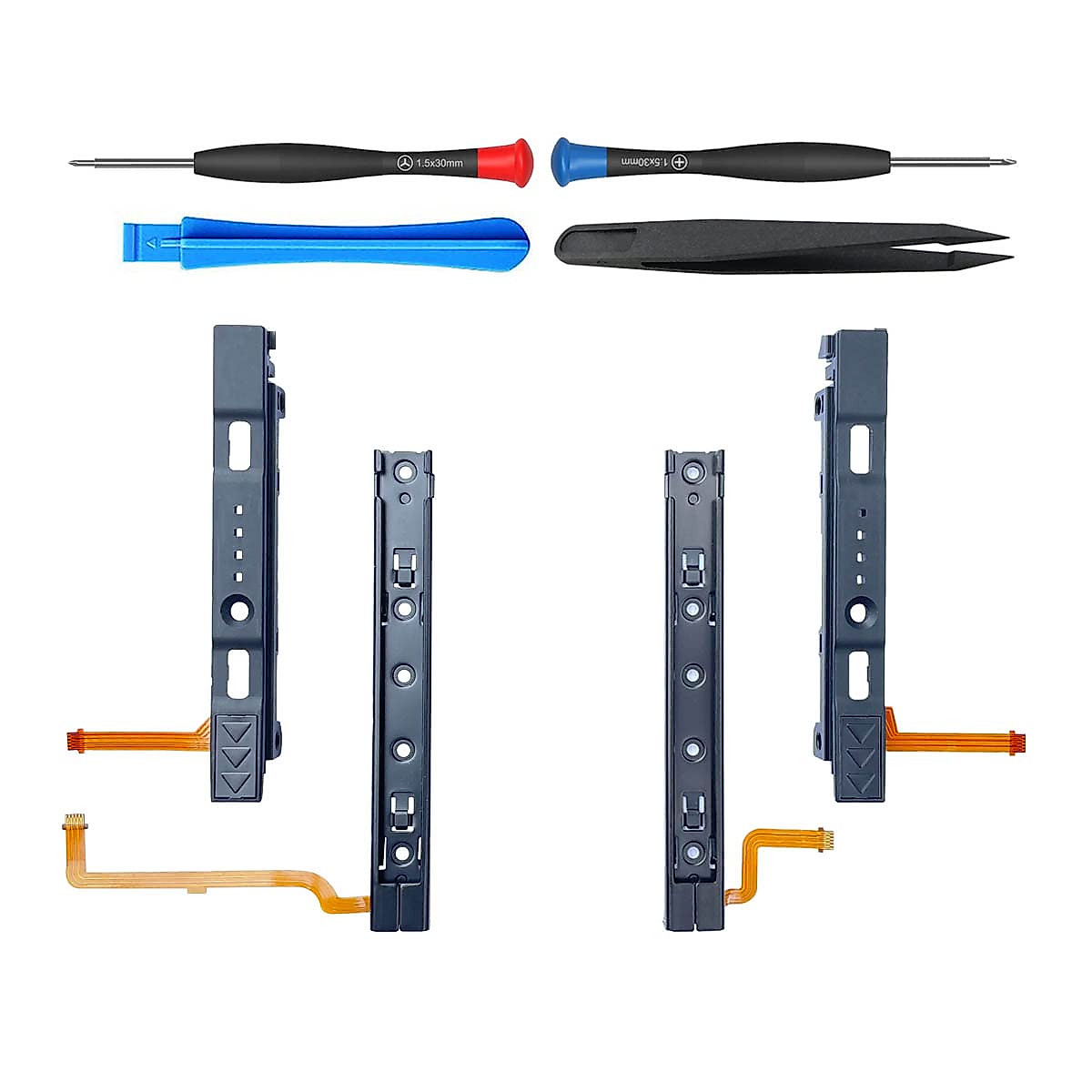 ElecGear Slide Rail Replacement for Nintendo Switch and Joy Con Controller, Left and Right Metal Track for Console and Plastic Slider Bar for Joy-con with Flex Cable Connector Repair Part Assembly