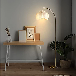 Brightech Wave Arched Floor Lamp – Unique Hanging Wicker Shade for Living Rooms – Rattan Style Matches Boho and Other Décor – Arcs Over Sofas and Dining Tables for Compliments - Brass
