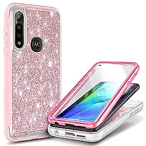 E-Began Moto G Fast Case with [Built-in Screen Protector], Full-Body Shockproof Protective Rugged Bumper Cover, Impact Resistant Case for Motorola Moto G Fast 2020 Release -Glitter Bling Rose Gold