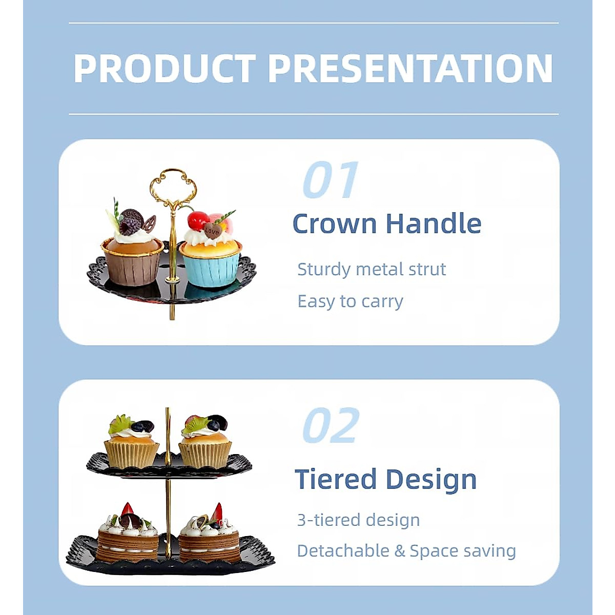 RAUVOLFIA 2 Pack of Large Round & Square Dessert Cupcake Stand, 3 Tier Cup Cake Holder Tower for Tea Party/Birthday/Wedding, Plastic Tiered Serving Tray (Black)