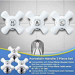 Enhon 3 Pcs Porcelain Handle Set, Compatible with Price Pfister Shower Valve, Hot Cold and Diverter Handle, Fits 12 Point Broach Stem, Chrome Finish White Porcelain(Cross Arm)
