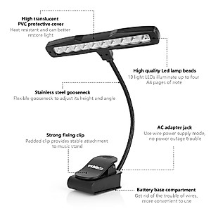 Vshinic Music Stand Light,Clip On Piano Lights 10 LED Orchestra Light,Fully Adjustable No Flicker for Piano,Book Reading, Mixing Table, DJ, Craft Work (Powered by AA Batteries, AC Adapter)