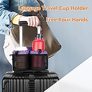 LoDrid Luggage Cup Holder, Hands-Free Drink Holder with 2 Coffee Mugs Tightening Drawstring, Fits Most Suitcase Handles, Luggage Cup Holder Attachment, for Flight Attendant & Travelers, Purple