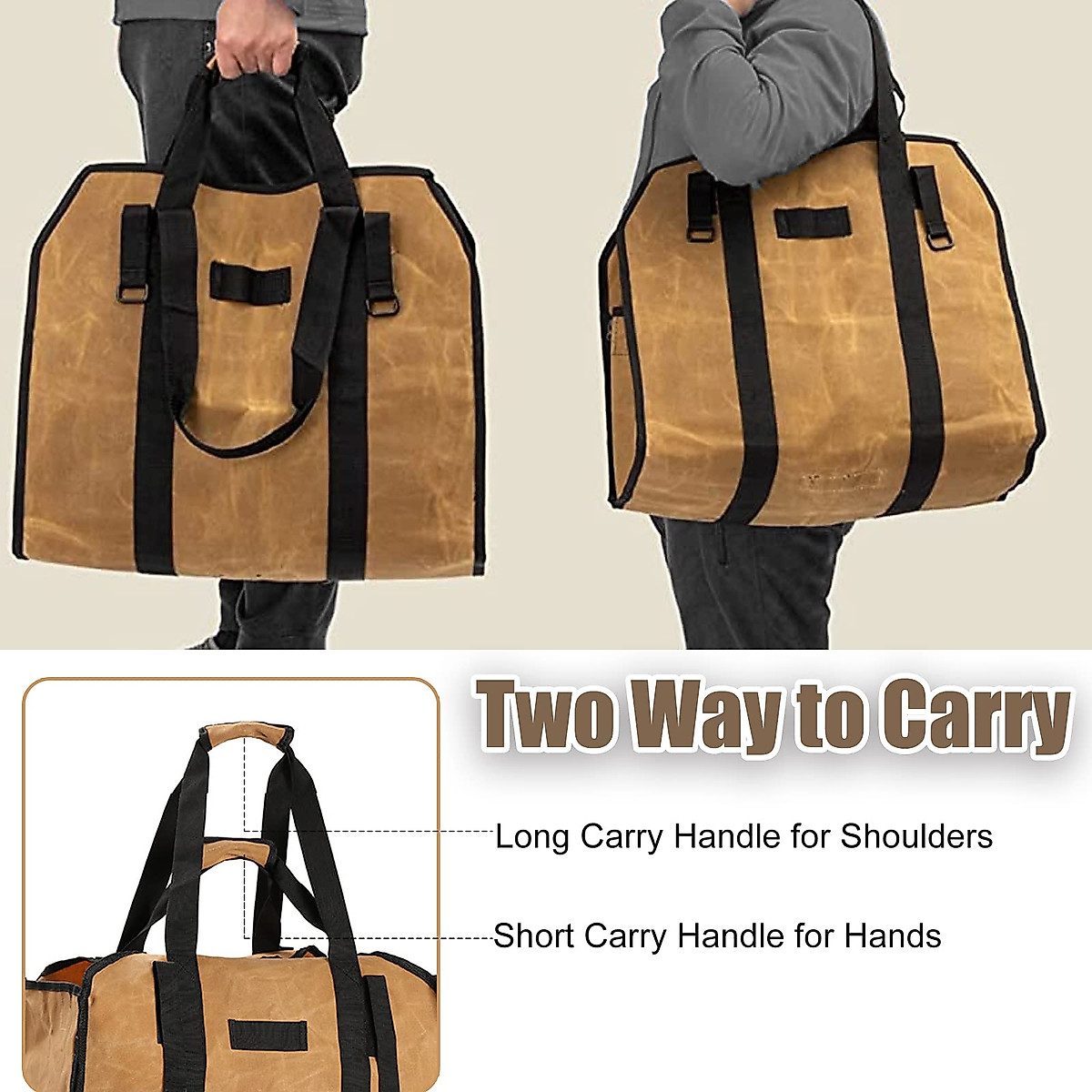 TINY SPARK Large Firewood Tote Log Carrier 2-Way to Carry Waxed Canvas Firewood Carrying Bag Indoor Fire Pit Fireplace Wood Log Case for Outdoor Camping (Khaki)