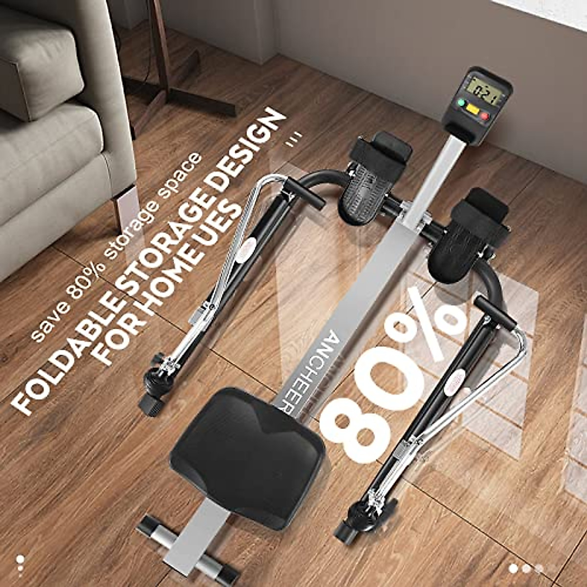 ANCHEER Rowing Machine, Hydraulic Rowing Machines for Home Use Foldable with 12 Resistance Levels & Upgraded LCD Monitor, 290LBS Loading Capacity for Full Body Cardio Exercise