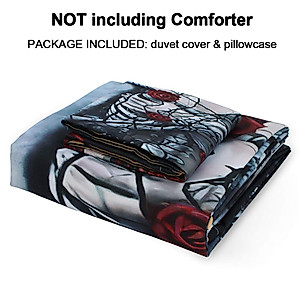 Skull Halloween Duvet Cover King - Love Never Dies Duvet Cover with 2 Pillowcases, Fun Image of Vibrant Colors, Zipper Closure, Super Soft, ZHH