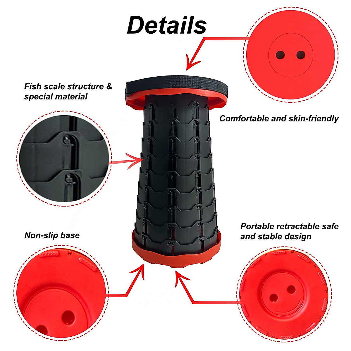 ISTOOL 2022 Upgraded- Retractable Stool, Collapsible Telescoping Folding Portable Stool for Fishing Traveling with High Load Capacity 400lbs for Adults Indoor Outdoor Activities (RED)