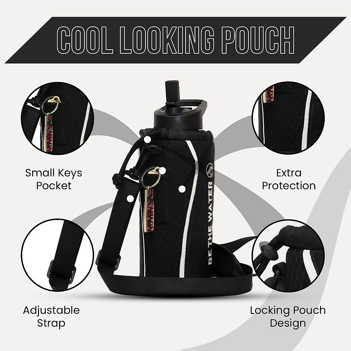 BE THE WATER 32 oz Sports Water Bottle with a Pouch 3 Lids 2 Straws - Keeps Hot and Cold Water, Leak Proof, Double Walled Vacuum Insulated Stainless Steel, Metal Water Bottles