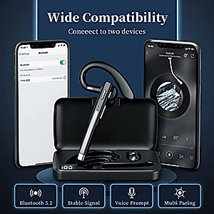 Bluetooth Headset, Wireless Bluetooth Hands Free Earpiece with Noise Canceling Mic, LED Battery Display Case, Single Handsfree Earphones for Driving/Office, Compatible with iPhone, Android Cell Phone