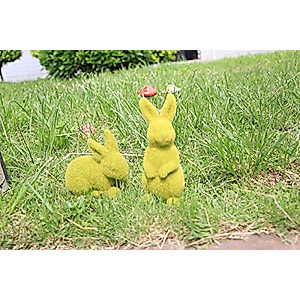 XIAXAIXU Easter Moss Bunny Flocked Rabbit Statue Figurine Festival Garden Yard Home Party Ornament Decoration (Green, 2 Pcs (A+B))