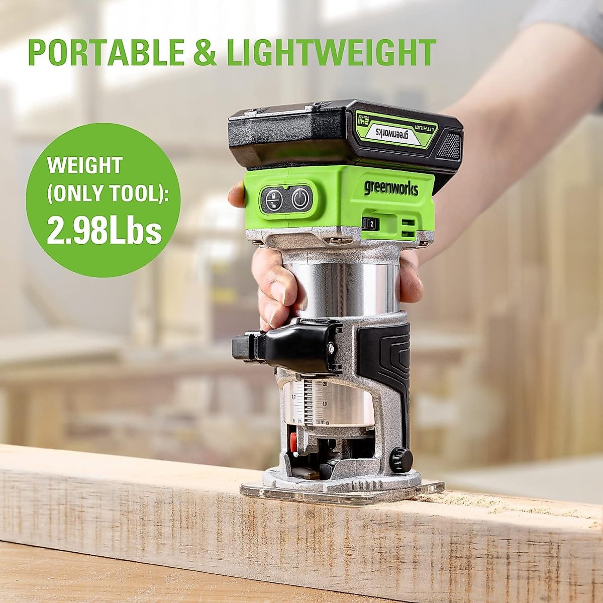 Greenworks 24V Cordless Trim Router, Variable Speed Brushless Motor Compact Palm Router with 2Ah Battery and Charger