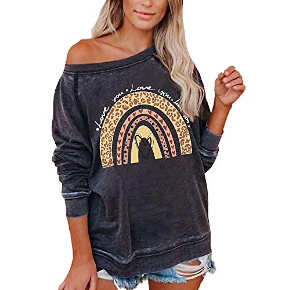 Suetas De Valentines Day Shirts Women Long Sleeve Tunic Sweaters for Women Body Sweater Womens Fleece Jacket with Hood Puff Shoulder Sweatshirt Colored Hoodies Womens Heart Sweatshirt Gray