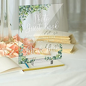 8 x 10 In Wedding Signs for Ceremony and Reception Wedding Photo Booth Sign Guest Sign in Book Clear Acrylic Wedding Sign Wedding Welcome Sign with Base Eucalyptus Leaves Guestbook Message Decoration