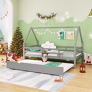 Giantex Twin House Bed with Trundle, Wood Kids Bed Frame with Roof & Fence Rails, Montessori Bed for Kids, Teens, Girls & Boys, No Box Spring Needed, Kids Trundle Bed Twin, Grey