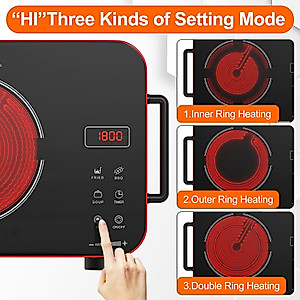 VBGK Electric Cooktop, 1800W Single Cooktops with 2 Handle, Electric Hot Plate for Cooking, Electric Stove top with 9 Power Level, 4H Timer Touch and Knob Control,Portable Induction Cooktop
