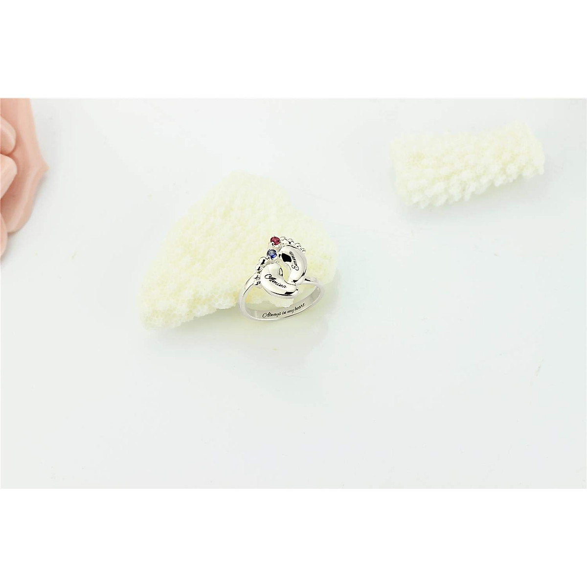 Getname Necklace Womens Pesonalized Name Rings Custom Engraved Baby Feet with 2 Birthstone 2 Name Ring for Mom Silver 9.5