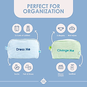Easy Baby - Diaper, Bottle, and Supplies - Organizer Pouches - Change, Feed, and Dress Me (4 Pack Seersucker) | Organizing Packing Tote Cubes for Baby Items | Good for Travel and Keeping Organized