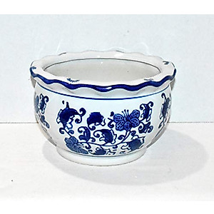 New 7.75" Cobalt Blue & White Oriental Flowers & Leaves Potbelly Bonsai Planter Pot