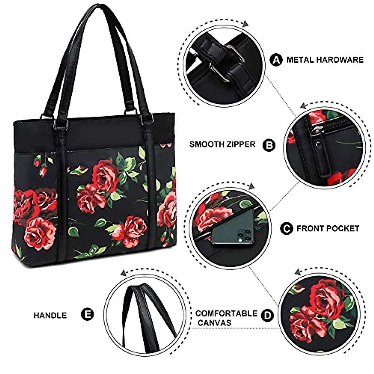 Laptop Tote Bag Womens Work Purse Floral Teacher Handbag Shoulder Bag fit 15.6 in laptop (Black - Rose)