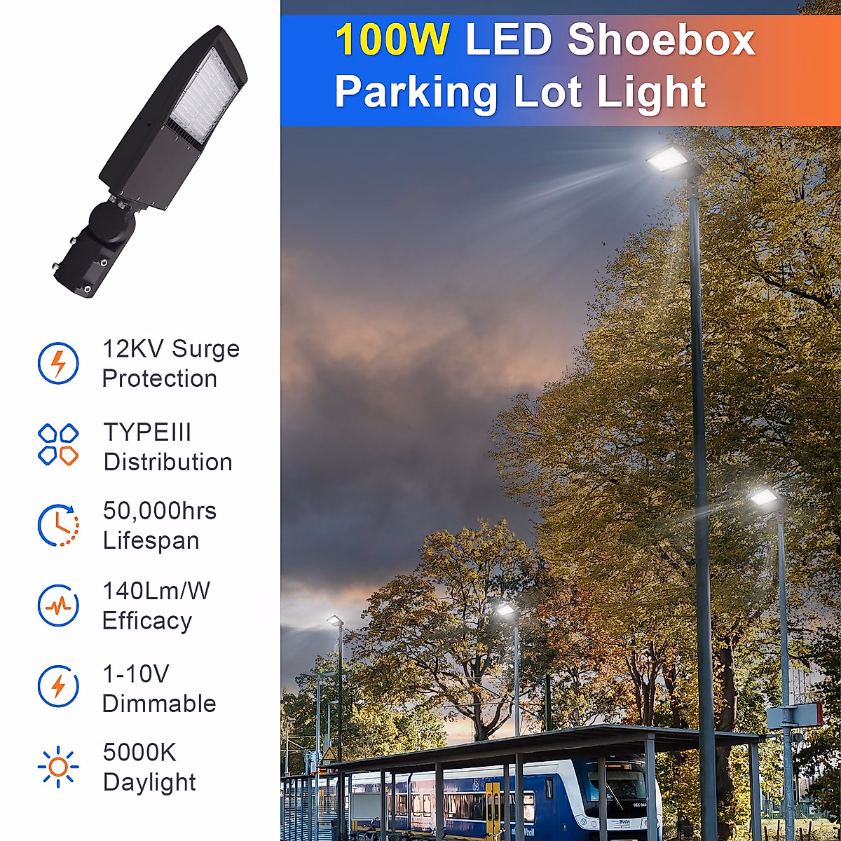 OSTEK 100W LED Parking Lot Light,14000lm (140lm/w) 5000K LED Shoebox Light -Slip Fitter Mount Outdoor Area Street Lighting [200-350W HID/HPS Equiv.] Commercial Outdoor Lighting 100-277V,UL&DLC Listed