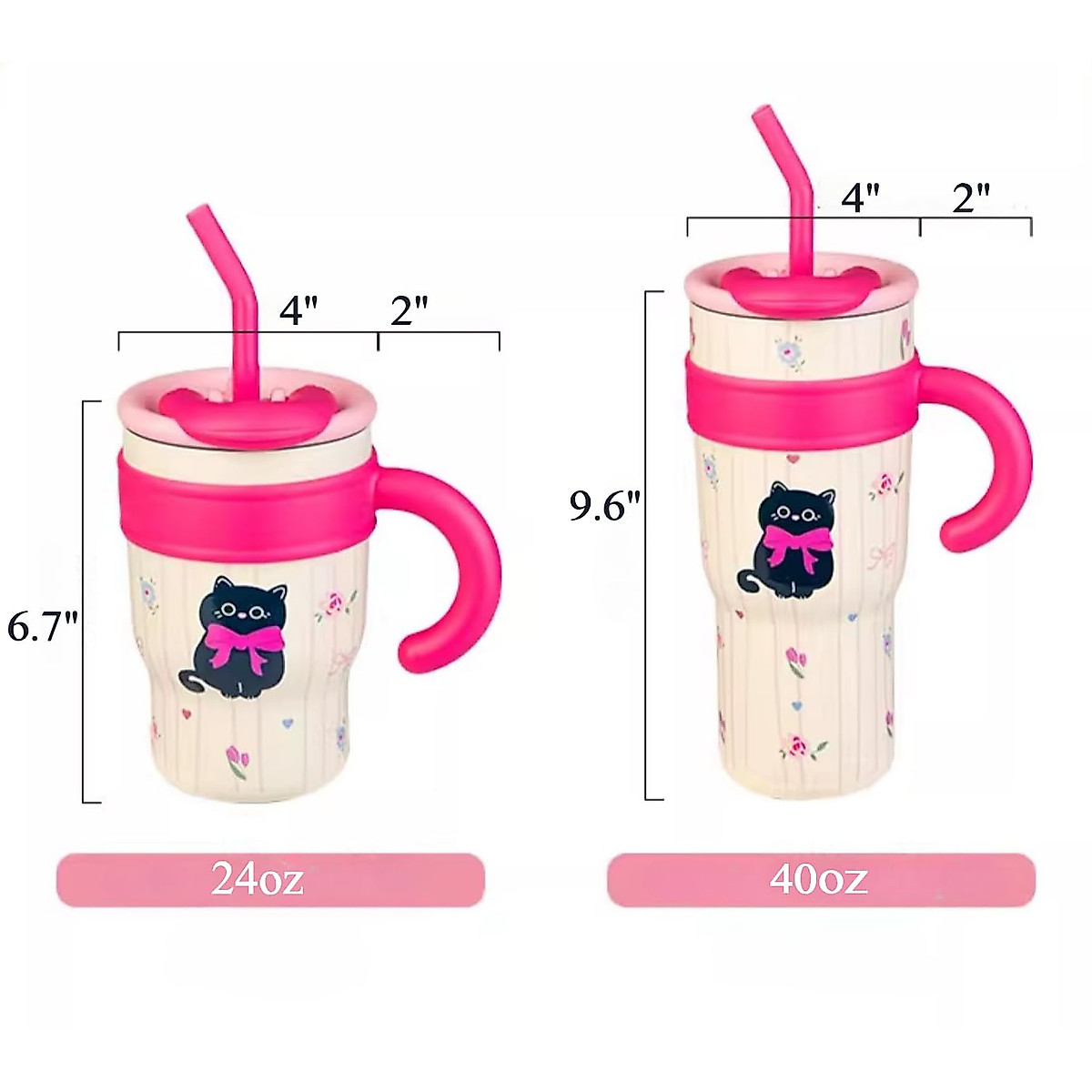 24/40 Oz Cute Dog/Cat Stainless Steel Vacuum Insulated Tumbler with Lid Straw Handle, Cartoon Aesthetic Keep Hot/Iced Spill Proof Coffee Travel Mug (Pink,41 Oz)