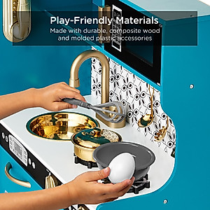 Best Choice Products Pretend Play Kitchen Wooden Toy Set for Kids w/Realistic Design, Telephone, Utensils, Oven, Microwave, Sink - Teal