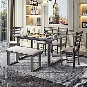 Merax 6-Piece Wooden Dining Table Set with 4 Cushioned Chairs and 1 Bench, Family Furniture for Kitchen, Grey-3-6pcs