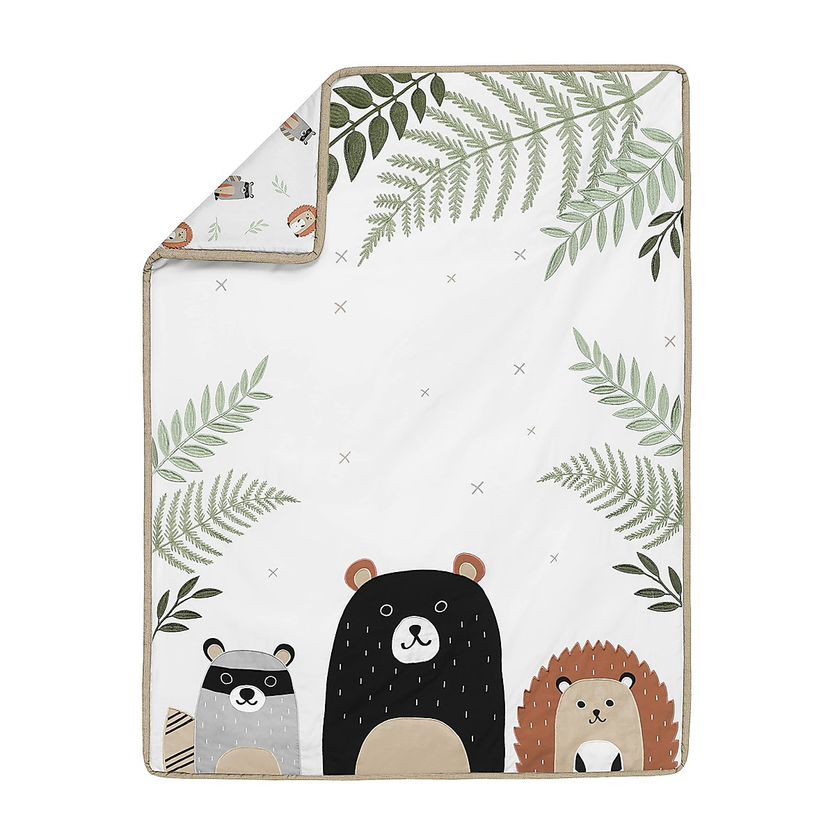 Sweet Jojo Designs Bear Raccoon Hedgehog Forest Animal Woodland Pals Baby Unisex Boy or Girl Nursery Crib Bedding Set - 4 Pieces - Neutral Beige, Green, Black and Grey
