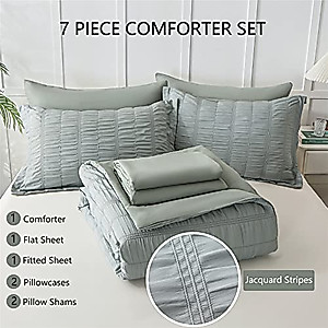 KAKIJUMN Sage Green Comforter Set Full Size, 7 Piece Bed in a Bag Seersucker Comforter and Sheet Set, All Season Soft Microfiber Complete Bedding Set(Green,Full)