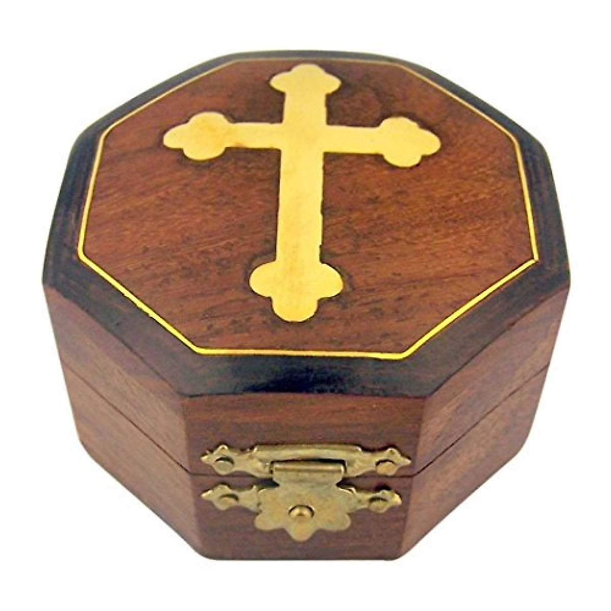 CB Brown Wood Rosary Box with Gold Budded Cross, 2 3/4 Inch