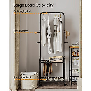 Hzuaneri Clothes Rack, Garment Rack with 2-Tier Storage Shelf, 2-In-1 Design, Clothing Rack with 4 Wheels, Metal Frame Shoe Rack, Coat Rack with 4 Hooks for Bags, 220 lb Max, Black GR07660B