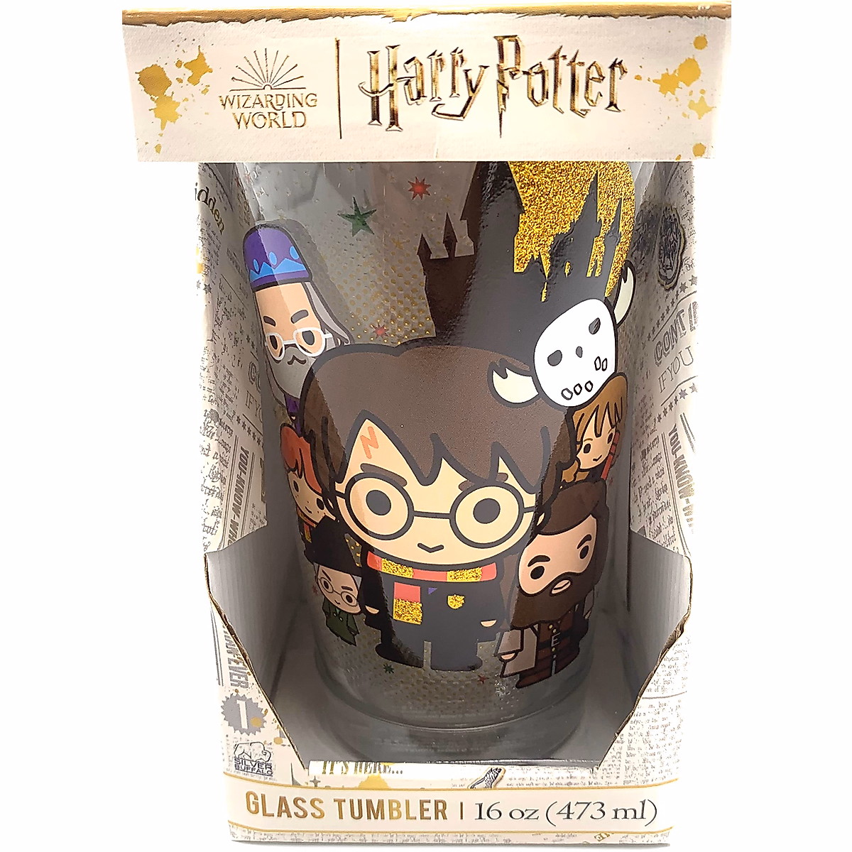Silver Buffalo Chibi Harry Potter and Friends Boxed Christmas Tumbler Pint Glass - 16 oz - Gold Glitter