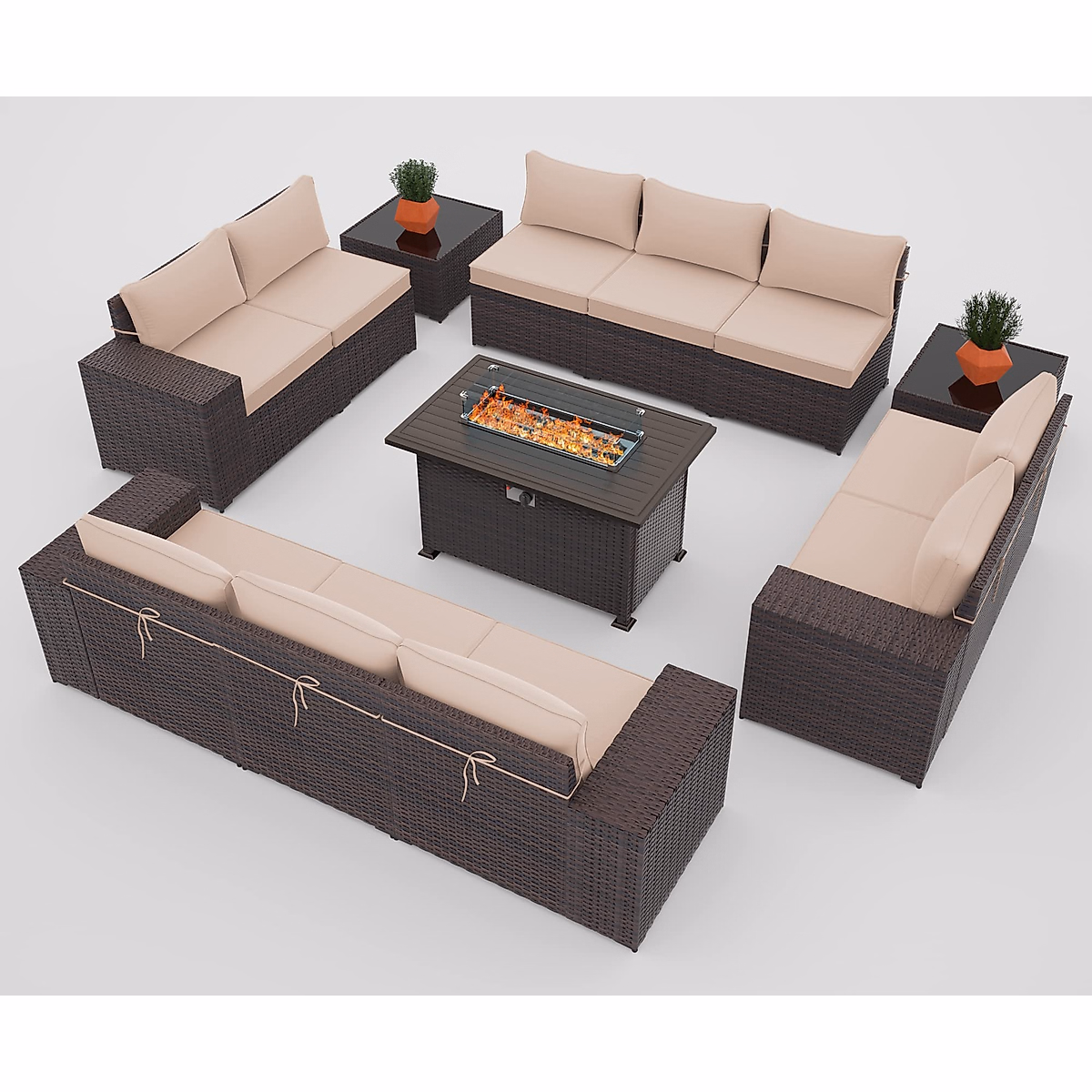 ASJMR Outdoor Patio Furniture Set with Gas Fire Pit Table, 13 Pieces Outdoor Furniture Set Patio Sectional Sofa w/43in Propane Fire Pit, PE Wicker Rattan Patio Conversation Sets (Sand)