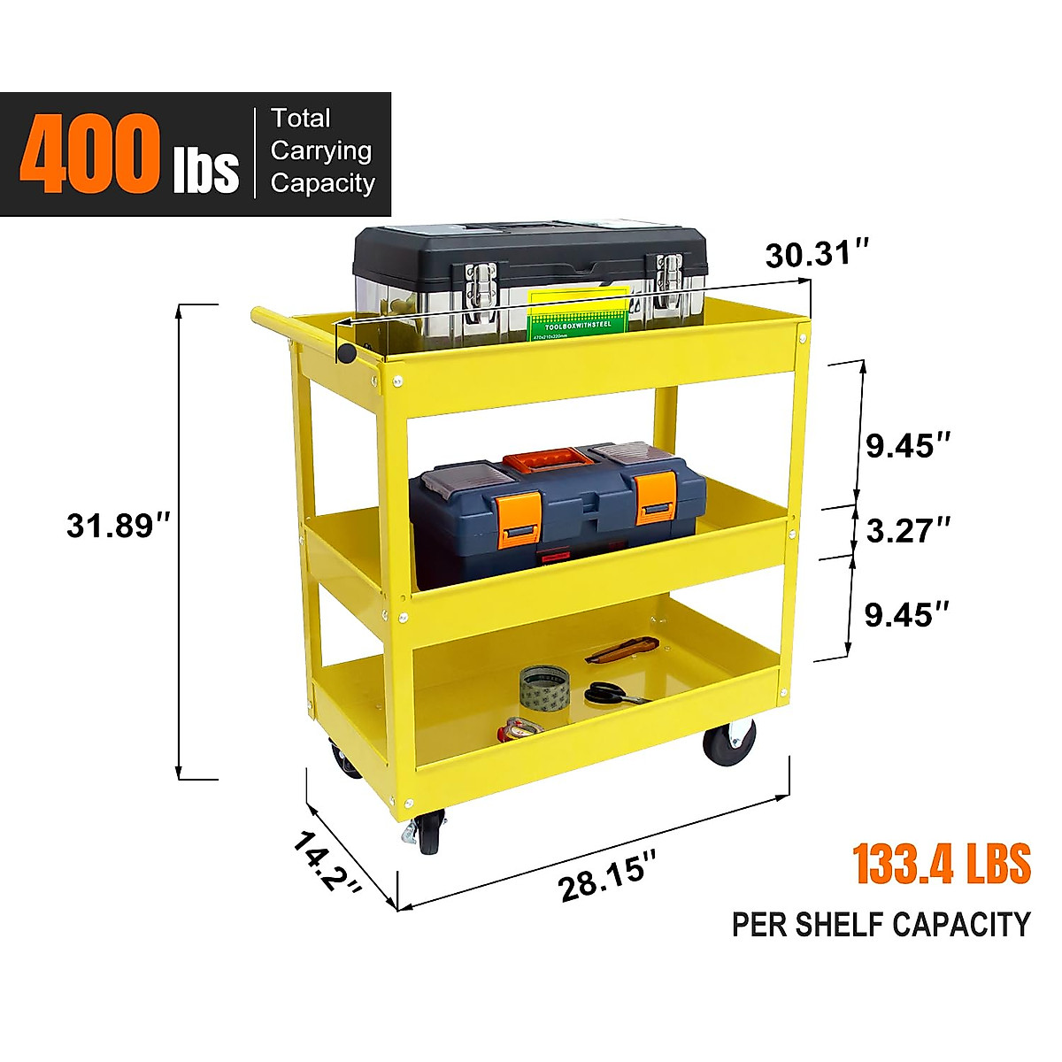 HPDMC 30in Large Steel Service Cart - Utility Carts with Wheels - 3 Shelf - Metal - 400 lbs Capacity - Shop Rolling Tool Carts - Yellow