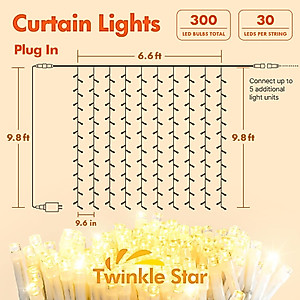 Twinkle Star 300 LED Window Curtain String Light Wedding Party Home Garden Bedroom Outdoor Indoor Wall Decorations, Warm White