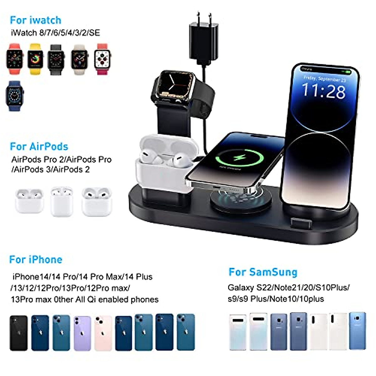 Wireless Charger Dock,4 in 1 Magnetic Charging Stand Compatible with iPhone14/13/12/Pro/Pro Max/14 Plus/AirPods 3/2/Pro 2,Phone Charger Station for Apple Watch 8/7/SE/6/5/4, Samsung Phone(Black)