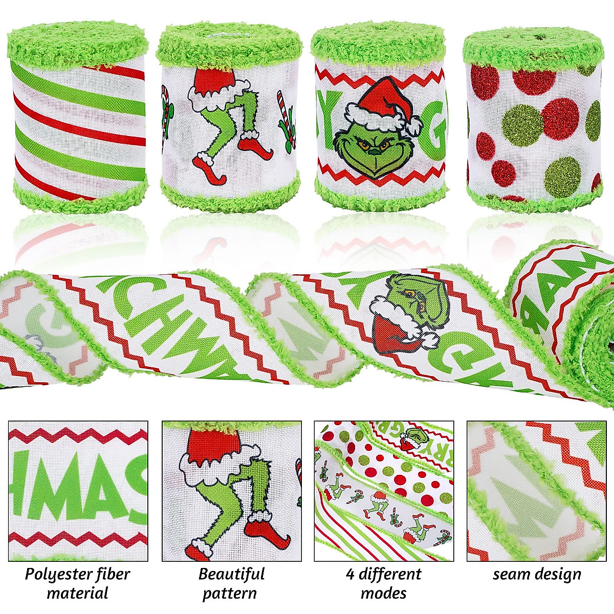 AnyDesign Christmas Wired Edge Ribbon Rolls 2.5 Inch 24 Yards Christmas Craft Fabric Ribbon Cartoon Character Stripe Dot Gift Wrapping Ribbon for Xmas Tree Wreath Bow DIY Craft Decoration, 4 Rolls