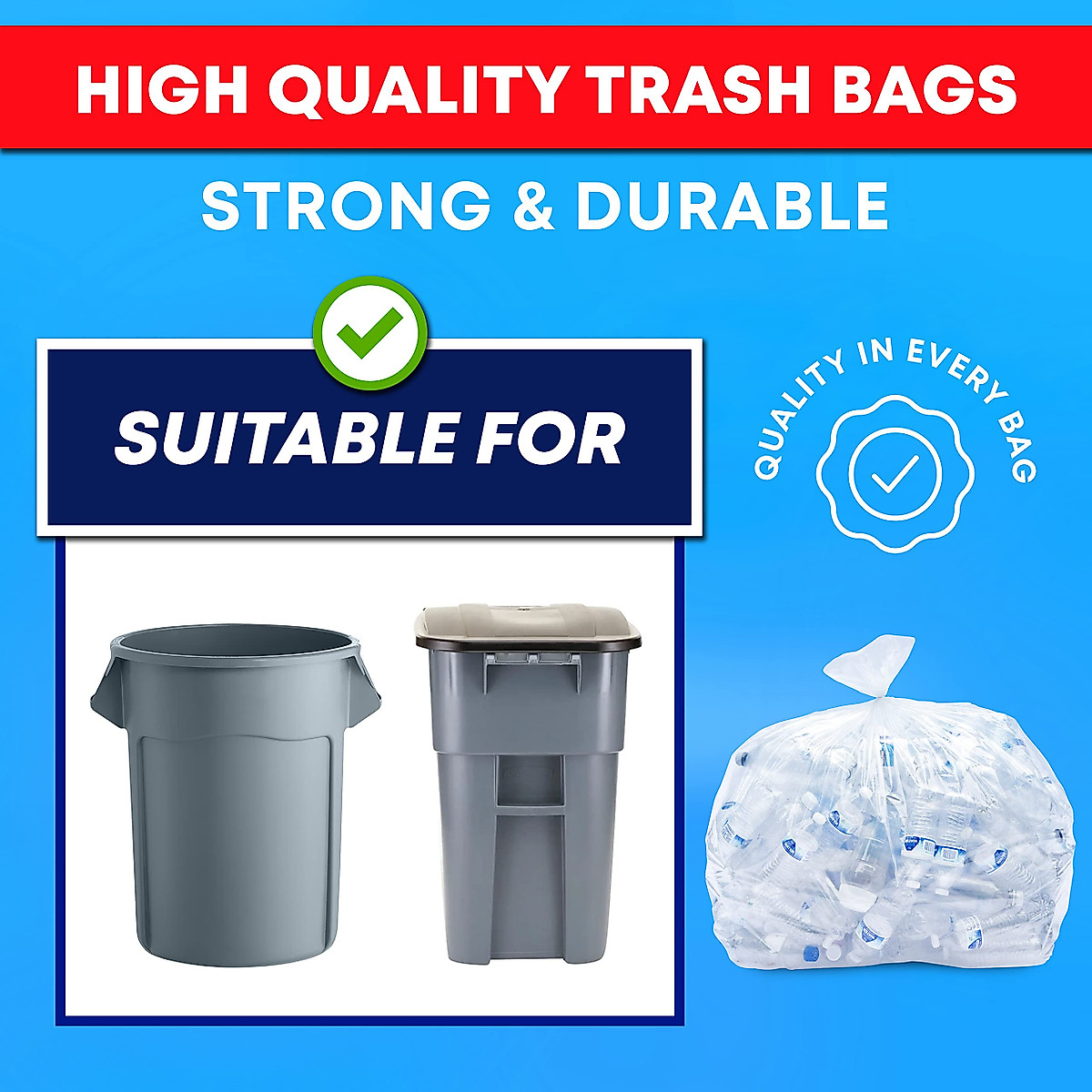 33 Gallon Clear Trash Bags (Value 250 Bags) Large Clear Plastic Bags, Great for Recycling 30 Gallon - 32 Gallon - 35 Gallon. High Density Bag